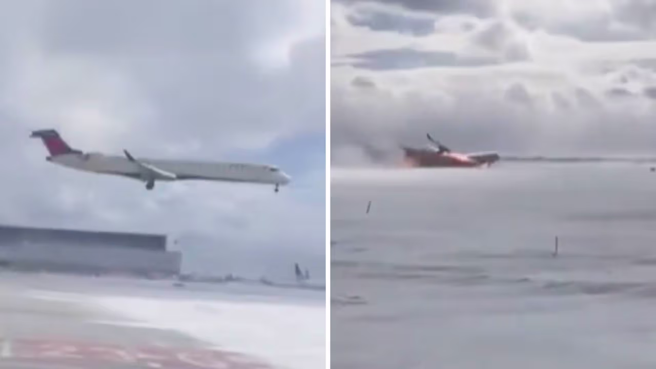 El momento en que un avión de Delta Airlines aterriza y se vuelca en ...